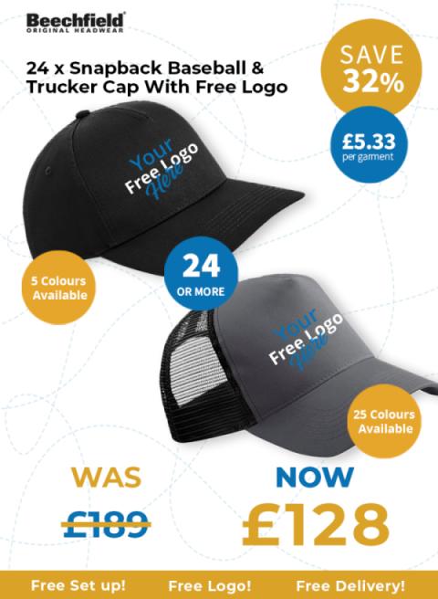 24 Snapback/Trucker Cap Bundle: £128+VAT, Custom & Mix/Match