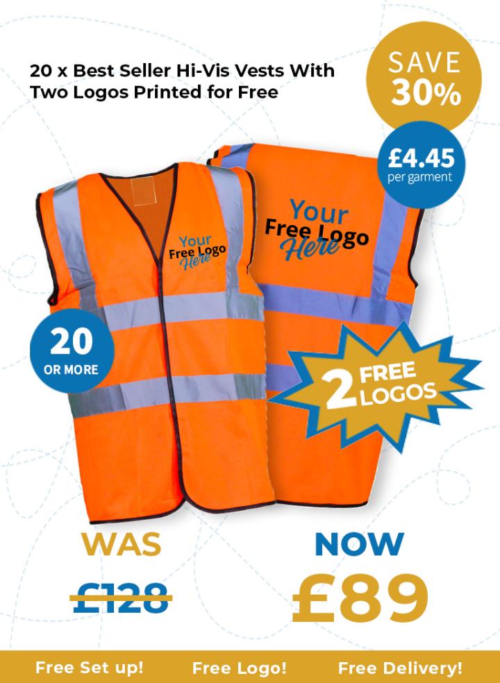 20 Hi-Vis Vest Bundle: £89+VAT, 2 Free Logos & EN ISO 20471
